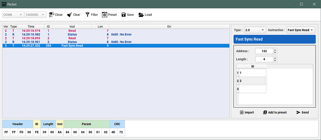 No Response To Fast Sync Read Command With Dynamixel Mx28 Ar Technical Support Robotis 